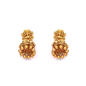 Priyaasi Golden Traditional Indian Jhumka Earring for Women | Goddess Design | Kemp Stone-Studded | Gold Plated | Pushback Closure | Bridal Earring for Wedding & Puja