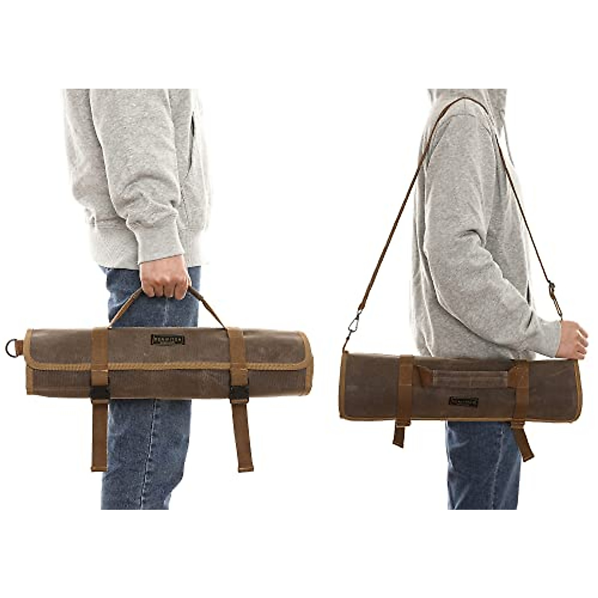 Denifiter Professional Chef's Knife Bag with Anti Cutting Fabric Inside, Heavy Duty 16oz Waxed Canvas Knife Roll, 11 Slots & Durable Handle Adjustable Shoulder Strap (Grey)