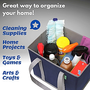 Reusable Grocery Bags (3 Pack) – Heavy Duty Reusable Shopping Bags with Box Shape to Stand Up, Stay Open, Fold Flat – Large Tote Bags are Foldable with Long Handles & Hard Bottom (Navy Blue)