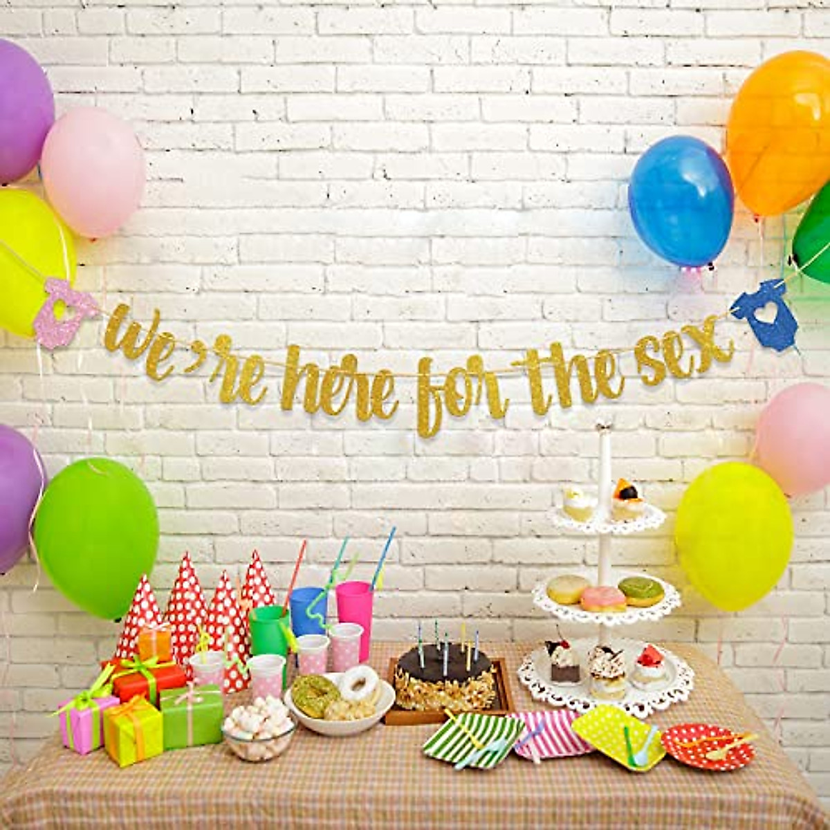 T-minimalist We're Here for The Sex Banner, Funny Baby Gender Reveal Party Decorations, Baby Shower Party Hanging Decors Supplies, Gold Gliter Paper Garland / Cute Baby Clothes Sign Banner 11.7 Feet