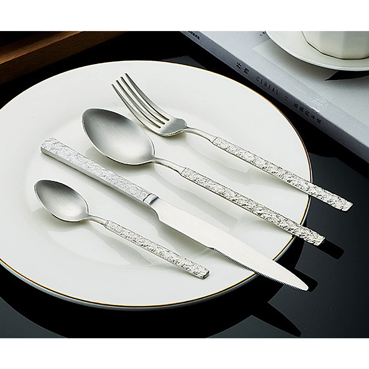 90-Piece Hammered Silverware Flatware Set for 18,Premium 18/10 Food-Grade Stainless Steel Tableware Utensil Cutlery Sets for Restaurant Hotel Family Gatherings Daily Use, Mirror Polished