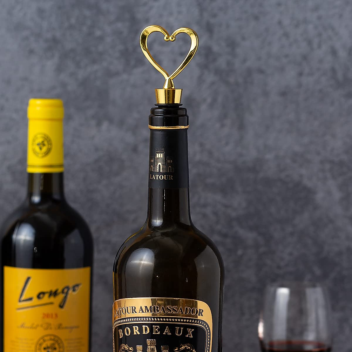 50Pieces Love Design Heart Shape Wine Stoppers for Wedding Favors,Party Return Gifts for Guests, with White Sheer Bag and Blessing Card (gold)