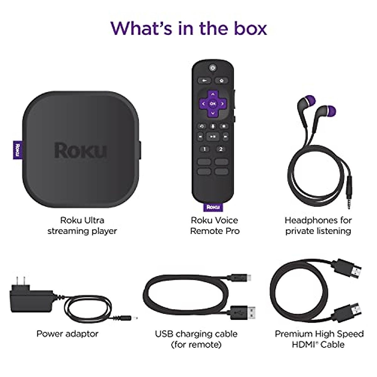 Roku Ultra 2022 4K/HDR/Dolby Vision Streaming Device and Roku Voice Remote Pro with Rechargeable Battery, Hands-Free Voice Controls, Lost Remote Finder, and Private Listening