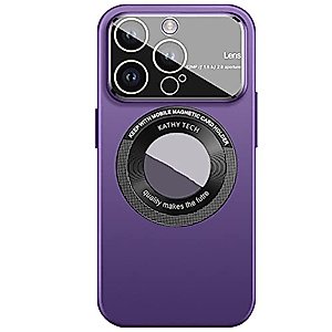 Wide Lens Cover PC for iPhone Case, Window Glass Lens Camera Protector, Magnetic Phone Case Logo View, Women Men Hard Shockproof Cases, Slim Matte Cases Cover (Dark Purple, for iPhone 14 Pro Max)