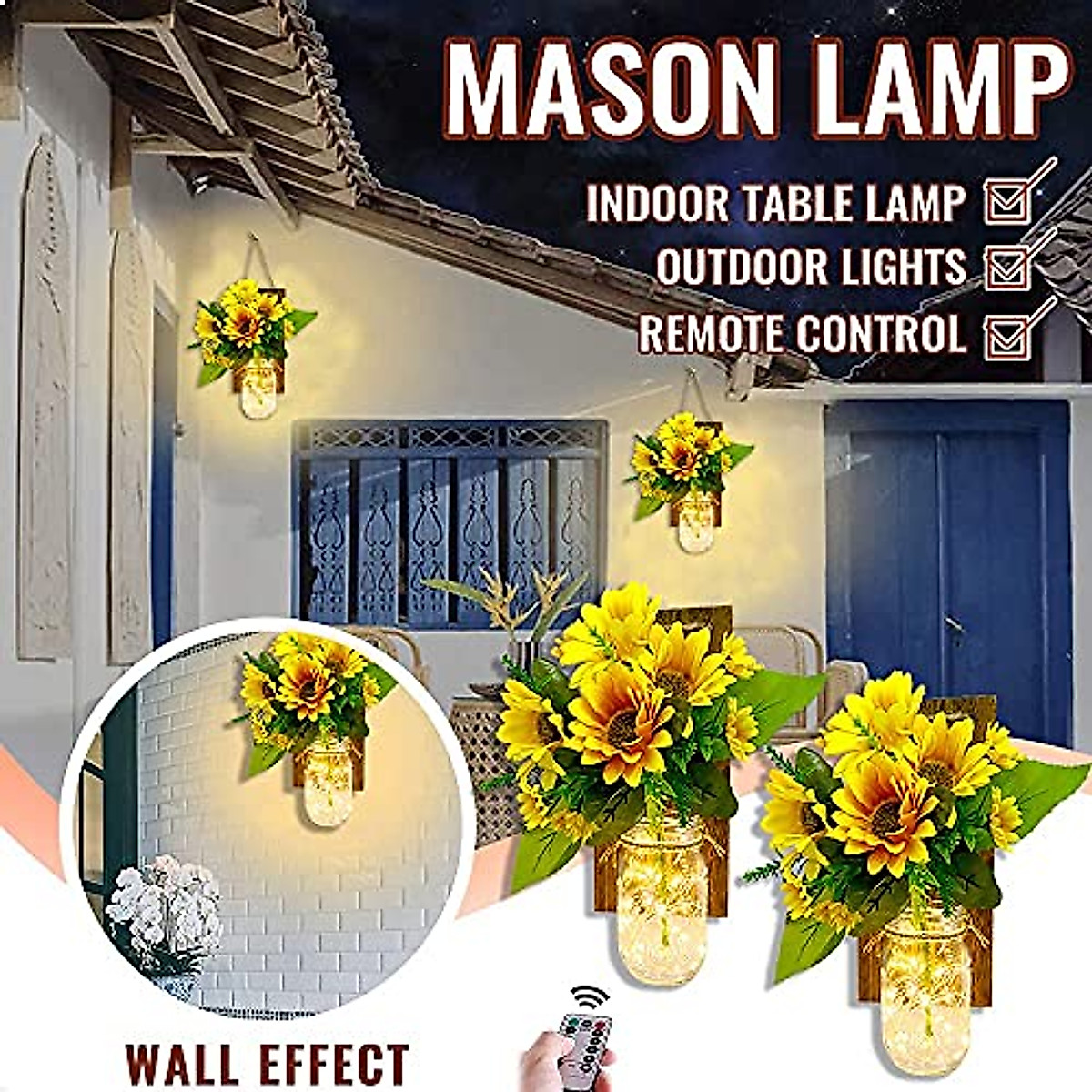 Mason Jar Sconces, Farmhouse Home Decor, Rustic Wall Sconces, LED Fairy Lights, Sunflower, Interior Decoration Warm Toned Lighting. (2 Pack)(with Remote Control)