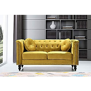 Container Furniture Direct Kittleson Velvet Chesterfield Loveseat for Living Room, Apartment or Office, Mid Century Modern Diamond Tufted Couch with Nailhead Accent, 64.17", Dark Yellow
