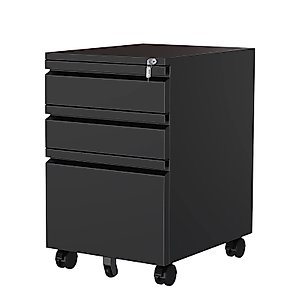 MIIIKO 3 Drawer File Cabinet, Metal Filing Cabinet with Lock Rolling Wheels, Office Storage Under Desk,Deep Drawers for Hanging Legal Letter Fill, Full Assembled Except Casters