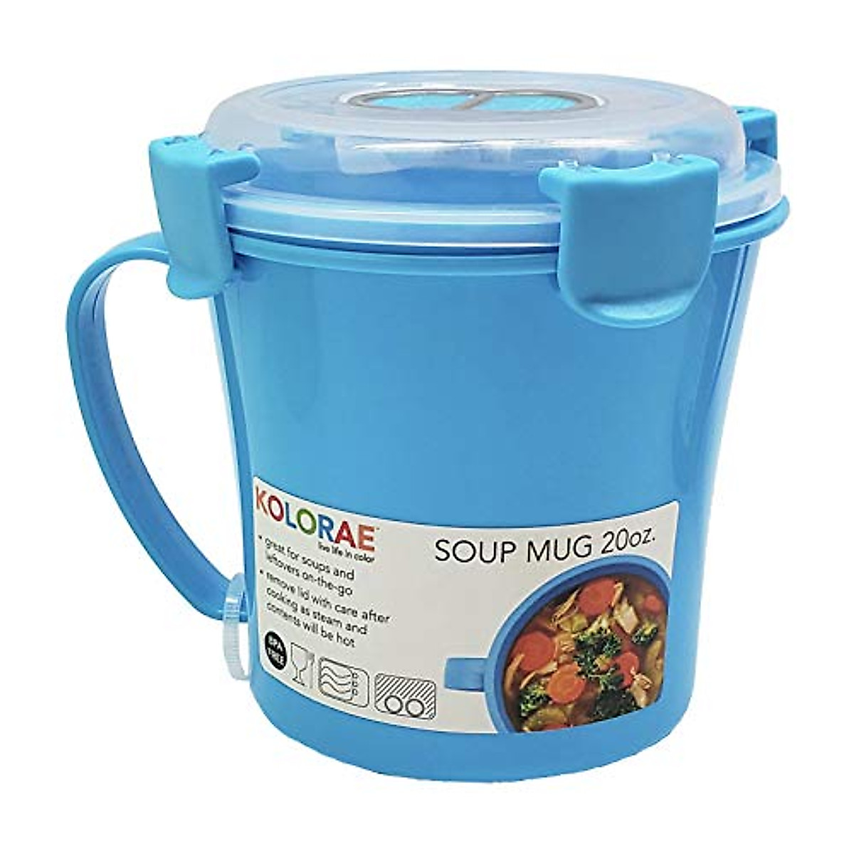 (6 COUNT) KOLORAE 20 OZ SOUP MUG- COLORFUL, MICROWAVE SOUP MUGS WITH LEAK PROOF DESIGN AND SECURE SNAP VENTED LIDS-1 OF EACH COLOR PICTURED, PLUS AN ADDITIONAL BLUE AND GREEN MUG!