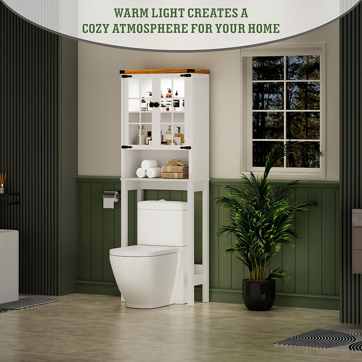 FREDEES Over The Toilet Storage Cabinet with Shelves & Doors, Toilet Shelf Space Saver with Anti-Tip Design & Ceiling Light, Free Standing Over Toilet Bathroom Organizer, White