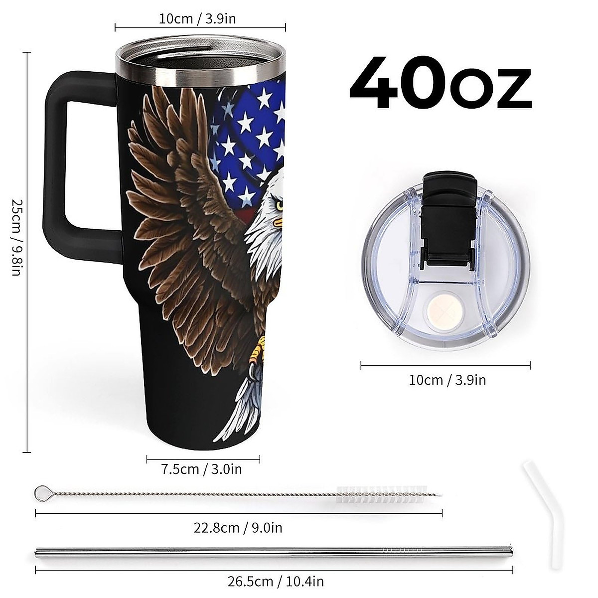 USA Flag Patriotic Eagle Insulated Stainless Steel Travel Mug, 40 Oz Tumbler with Handle And Straw Double-Wall Vacuum Coffee Cup, Leak-Proof Lid, Keeps Drinks Hot/Cold for Hours