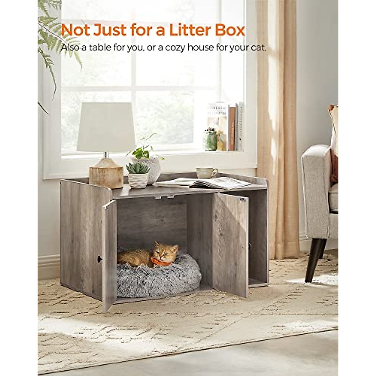 Feandrea Litter Box Enclosure, Cat Litter Box Furniture Hidden, with Front Entry, Modern Cat House for Indoor Cat, Kitty, Side End Table, 32.4 x 20.9 x 19.7 Inches, Greige UPCL001G01
