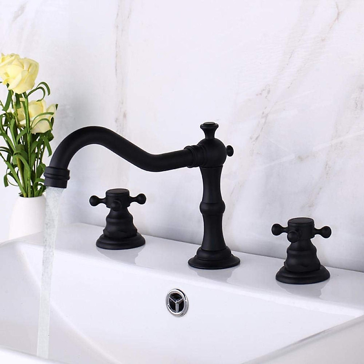Bathroom Faucet, Bathroom Kitchen Basin Mixer Tap Sink Faucet 2 Handles 3Pcs Gold Bathroom Basin Faucet Bathtub Tap-Matte Black