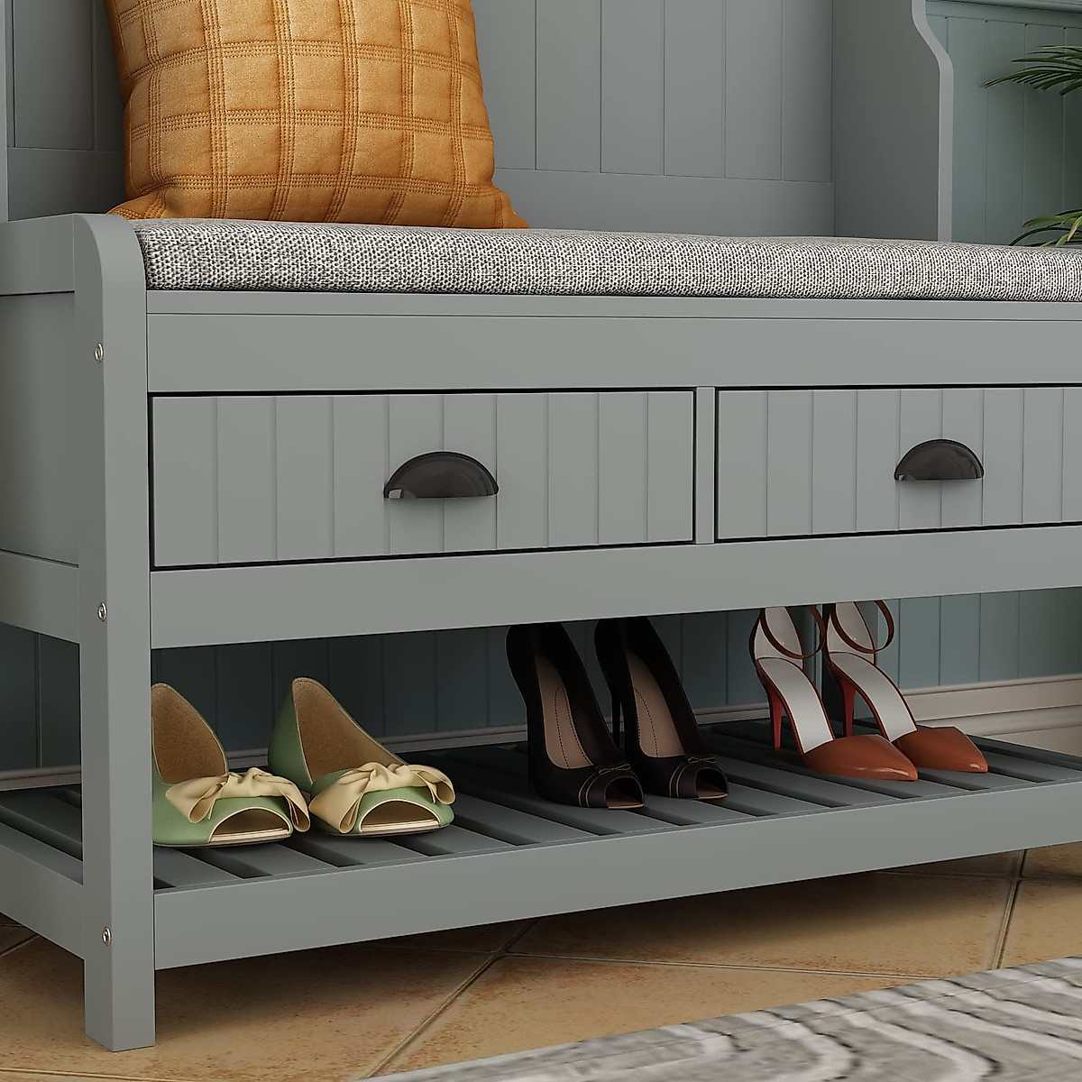 Homsee Modern Hall Tree with Storage Bench, 4-in-1 Entryway Bench with Coat Rack, Tall Hall Tree with 4 Metal Double Hooks, Shelves & 2 Drawers for Hallway, Living Room, Grey