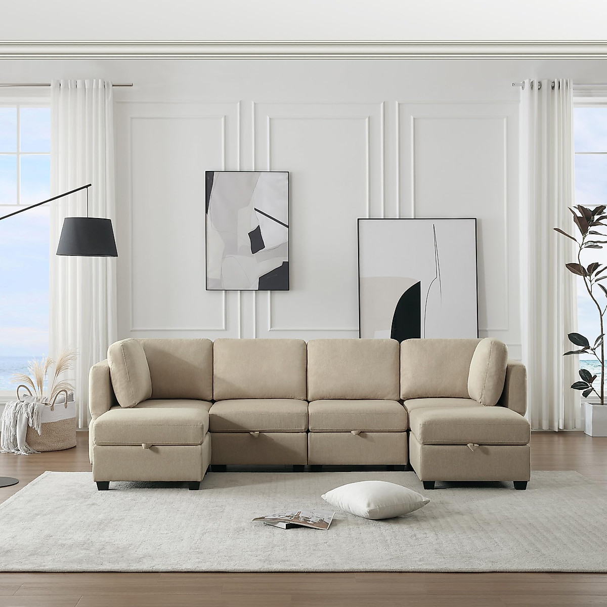 Favfurish 115" U Shape Modular Sofa,Modern Convertible Linen Sectional Couch Set,4 People Seated,Adjustable Arms and Backs,with Reversible Chaise for Living Room,Apartment,Office,Beige, 115in