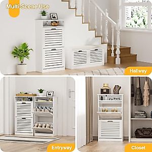 TENNTOU Shoe Storage Cabinet with 2 Flip Drawers & Top Cubby, Shoe Cabinet for Entryway Slim, Free Standing Shoe Rack Cabinet, Narrow Shoe Organizer for Entryway, Hallway, Bedroom, White
