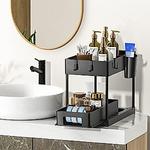 2 Pack Under Sink Organizers and Storage With Sliding Storage Drawers Basket,2 Tier Bathroom Organizer Under Sink,Kitchen Cabinet Organizers And Storage Rack With Hooks,The Bottom Can Be Pull Out