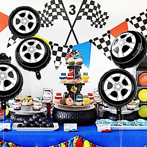 Waenerec Race Car Birthday Party Supplies 8PCS Tire Balloons & 3 Tier Cupcake Stand Food Display Dessert Holders Tower for Kids Classic Car Party Decorations