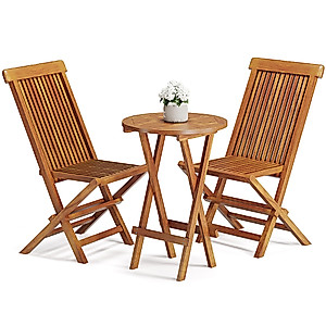 YITAHOME 3 Piece Teak Wood Patio Bistro Set with 2 Folding Chairs and Round Table, Folding Dining Table and Chairs with Metal Buckles for Backyard, Balcony, Pool, Porch, Deck
