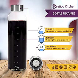 Pratico Kitchen 18 oz.Leak-Proof Clear Glass Bottles, Juicing Containers, Water / Beverage Bottles - 6-Pack