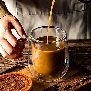 Mugs 12 oz Glass Espresso Cup with Lids Spoon - Double Wall Insulated Clear Coffee Mugs With Handle & Suspended Base Design - Thick Expresso Coffee Cups For Americano, Lattes, Tea (Set of 2,Gift Box)