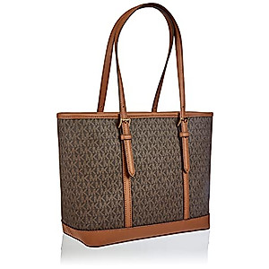 Michael Kors Jet Set Small Zip Top Shoulder Tote Handbag Brown Signature