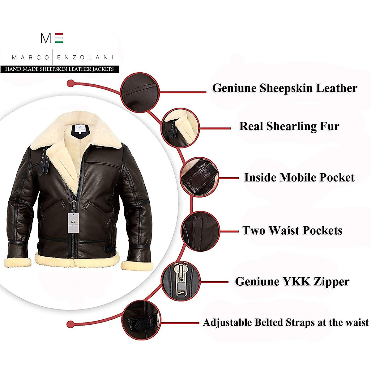 MARCO ENZOLANI B3 Bomber Jacket Aviator Real Shearling B3 Bomber Jacket Winter (Brown, xl)
