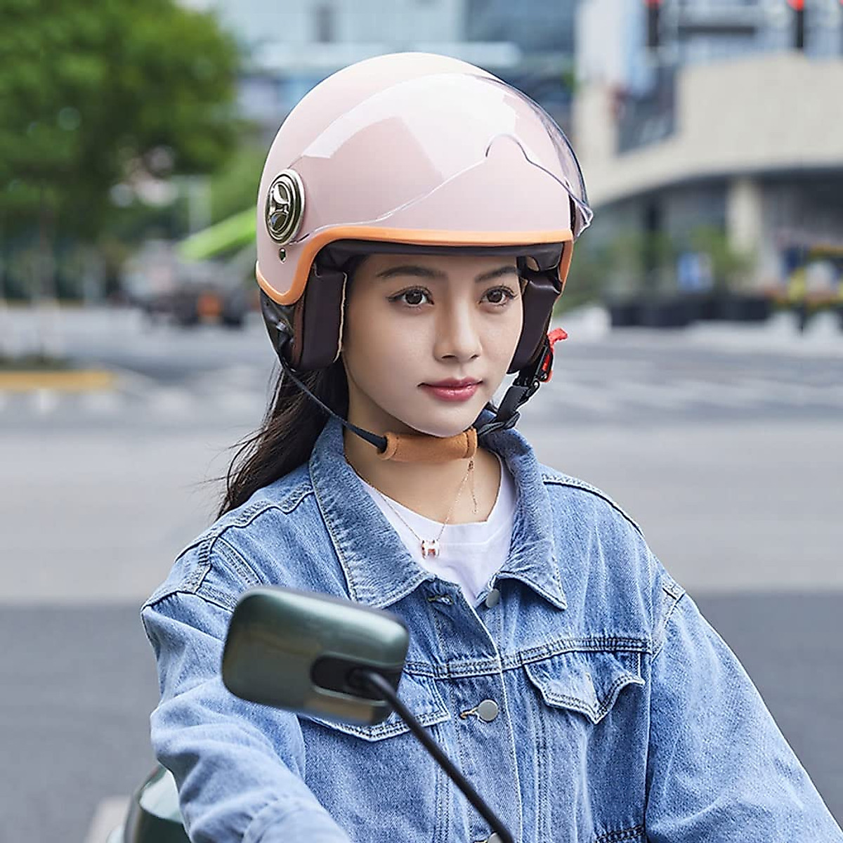 Vespa Retro 3/4 Open Face Motorcycle Helmet - DOT Approved Vintage Electrical Scooter Helmet with Visor Light - Breathable Quick Buckle - Pink - 54-61CM