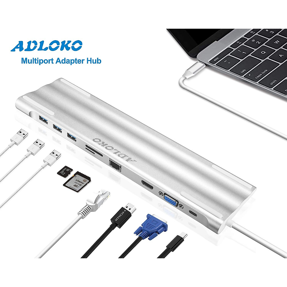 ADLOKO 10 in 1 USB C Hub, 4K HDMI, VGA, SD/TF Card Reader, RJ45 Ethernet, 3X USB3.0 Ports, 3.5mm Audio USB C Multiport Adapter