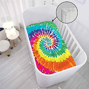 LCGGDB Rainbow Fitted Crib Sheet,Rainbow Tie Dye Grunge Decorative Microfiber Toddler Sheet Portable Crib Mattress Topper for Baby Boys Girls,Ultra Soft Jersey,Full Standard,28" x 52"