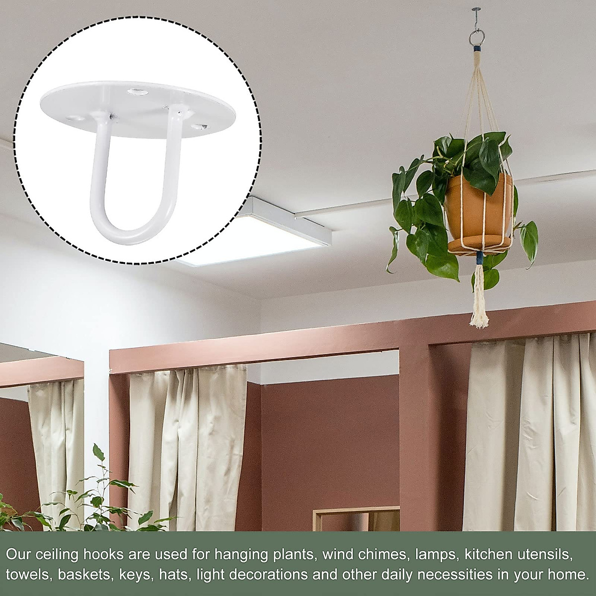 YOKIVE 2 Pcs Ceiling Hanging Hook, Wall Mounted U Shape Hook with Round Plate Hanging Plants, Great for Office, Home, Daily Use (White, 2.6x1.8-Inch)