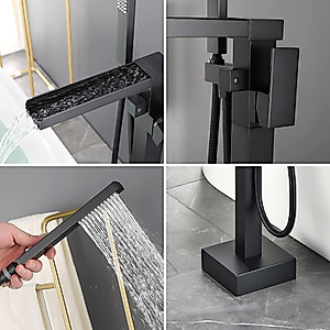 SHAMANDA Luxury Freestanding Bathtub Faucet Single Handle Waterfall Tub Filler with Handheld Shower Matte Black, Floor Mounted, FL701-7