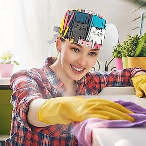 Cute Colorful Cartoon Cat Heads Pattern Working Caps with Buttons, Long Hair Scrub Hats Ponytail Holder for Women