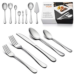 Silverware Set with Serving Pieces, LIANYU 48-Piece Flatware Set Service for 8, Stainless Steel Cutlery Eating Utensils, Mirror Finish, Dishwasher Safe