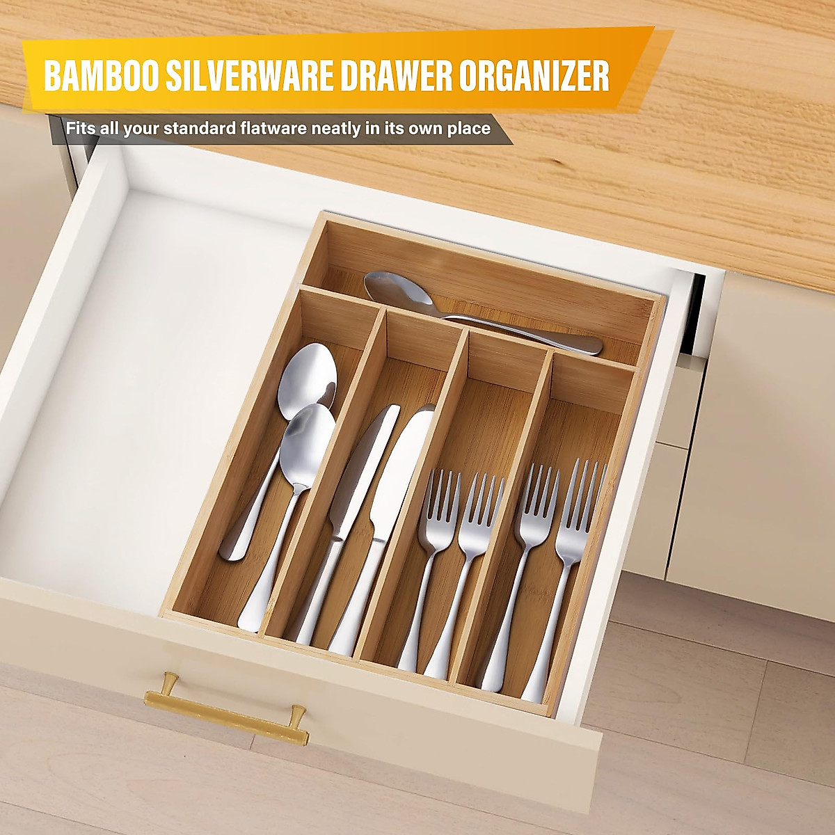 CherHome Silverware Organizer Utensil Drawer Organizer,Silverware Tray for Kitchen Drawer,Bamboo Flatware Tableware Cultery Caddy Utensil Tray Utensils Holder，5-Compartment，13.5" D x 10" W x 2" H