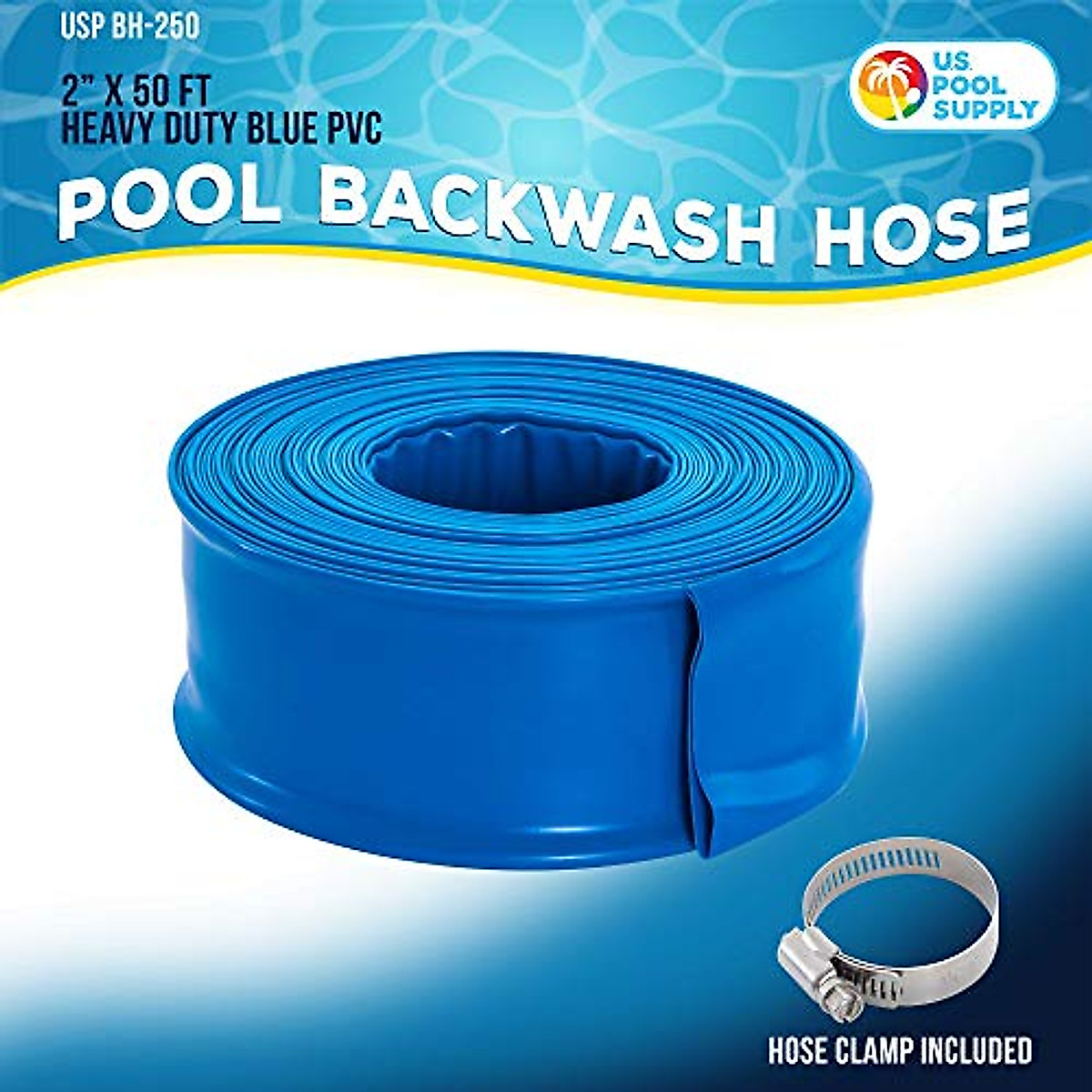 U.S. Pool Supply 2" x 50' Heavy Duty Blue Swimming Pool Backwash Hose with Hose Clamp