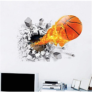 OFISSON Large Basket Ball 3D Cracked Wall Sticker Bedroom Playroom Removable Large Decal for Kids (Girls and Boys) Playroom (27,6"x19,7") (Ball on fire)
