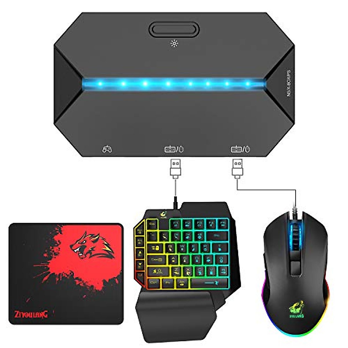 One Hand Gaming Keyboard and Mouse Combo, Wired 39 Keys Mechanical Feel Rainbow Backlit Keyboard+RGB Gaming Mouse+G6L LED Backlit Converter for Nintendo Switch/Xbox One/Xbox 360/PS4/PS3 /PC (Black)
