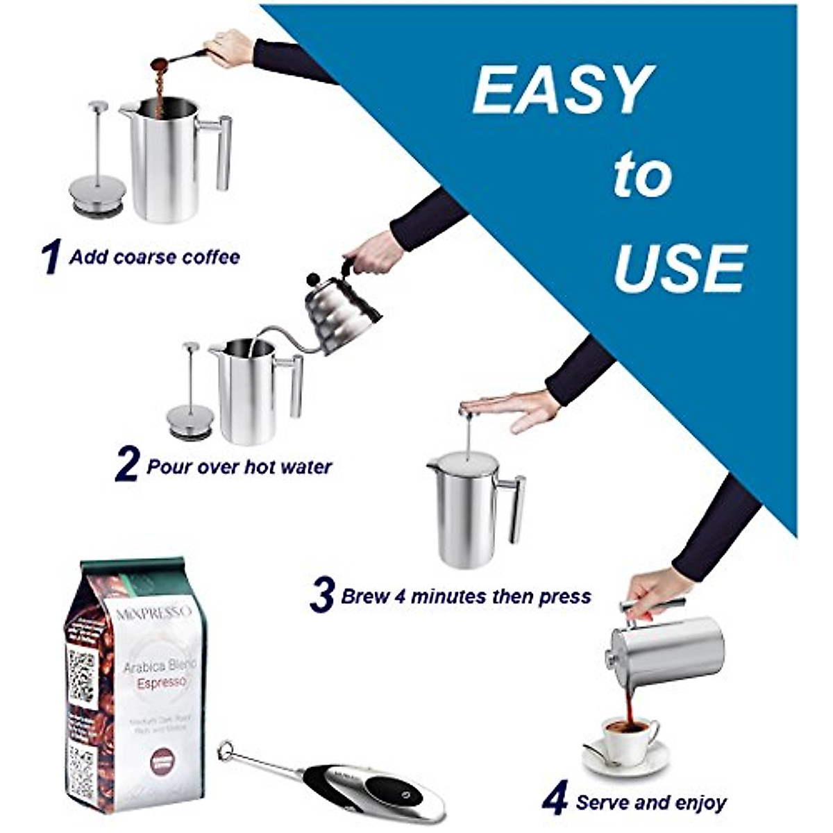 Mixpresso Stainless Steel French Press Coffee Maker 27 Oz 800 ml, Double Wall Metal Insulation Coffee Press &Tea Brewer Easy Clean, And Easy Press, Strong Quality Coffee Press (Stainless Steel)