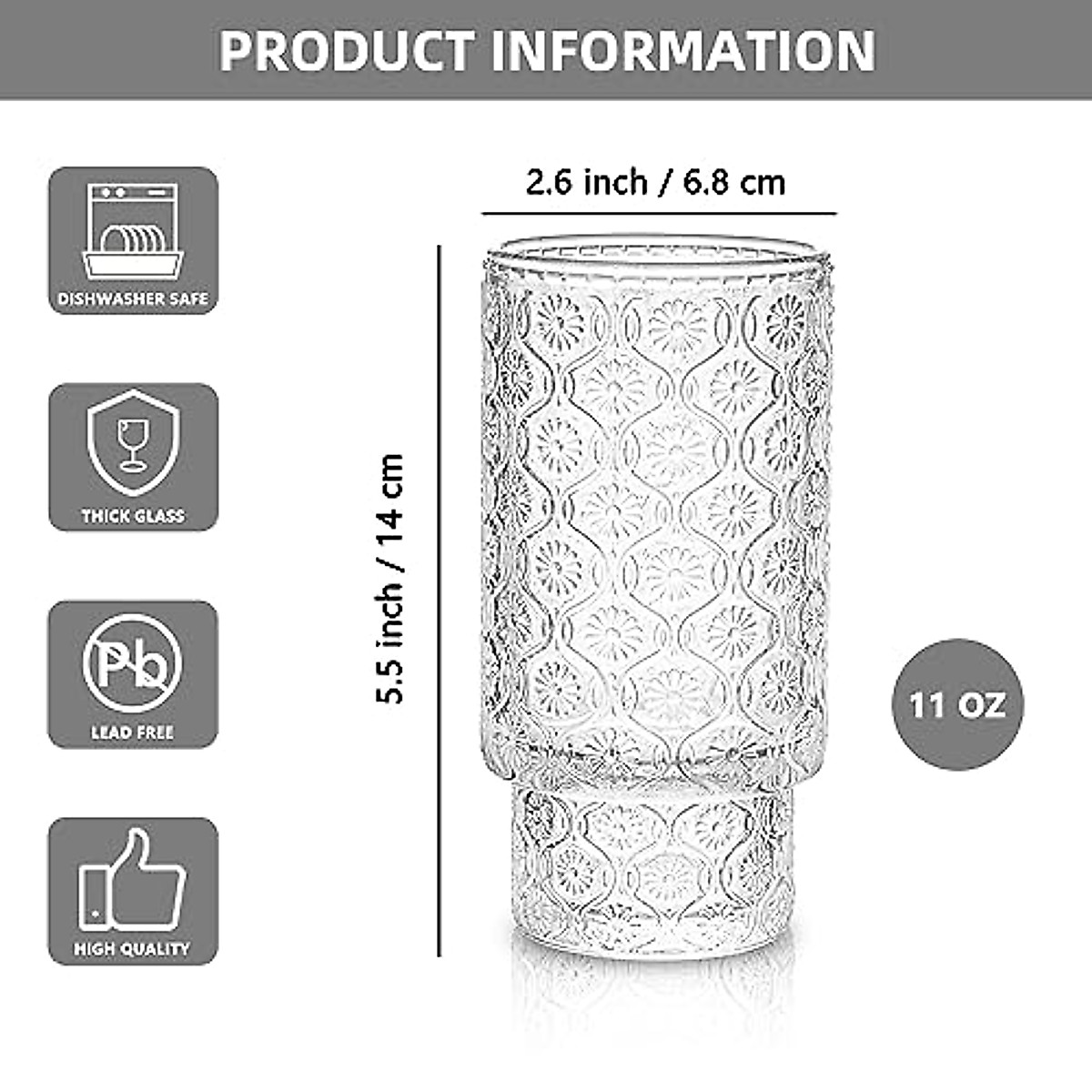 Glass Cups Vintage Glassware | Set of 4 Large, Embossed Stackable Pattern Style Transparent Cocktail Glasses Set, Ice Coffee Cup Juice Drinkware, Clear, 310ml (L)