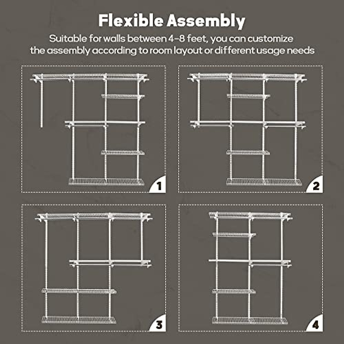 Homde Closet Organizer System Wall Mounted, 4-8 Ft Adjustable and Expandable Metal Wire Shelving Closet Kit, Custom DIY Wardrobe Closet Storage System with Shelf, Clothes Hanging Rods