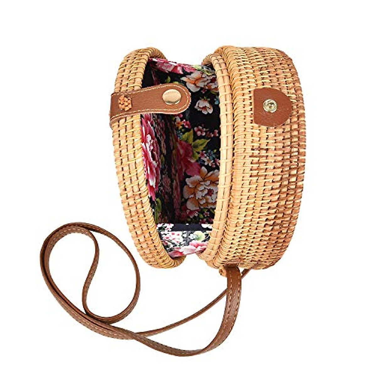 Yunno Handwoven Round Rattan Bag Tropical Beach Style Woven Shoulder Rattan Bag with Leather Strap
