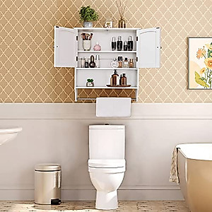 IWELL Bathroom Wall Cabinet & Bathroom Floor Cabinet bundle, Medicine Cabinet with 1 Adjustable Shelf & Double Doors, Storage Cabinet with Glass Doors & Adjustable Shelf, Wall Mounted Bathroom Cabinet