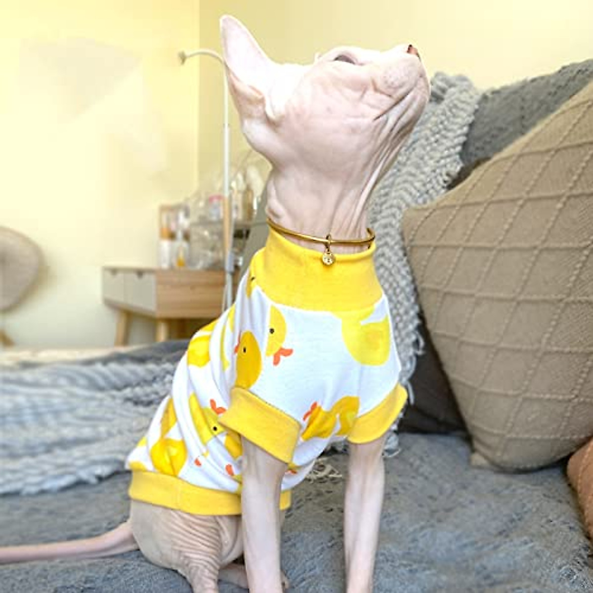 Sphynx Cat Summer Clothes for Cats Only Cute Animal Cotton T-Shirts Soft Breathable Pullover Vest with Sleeveless Kitten Shirts for Sphynx (M (4.9-7.3lbs), Yellow Duck)