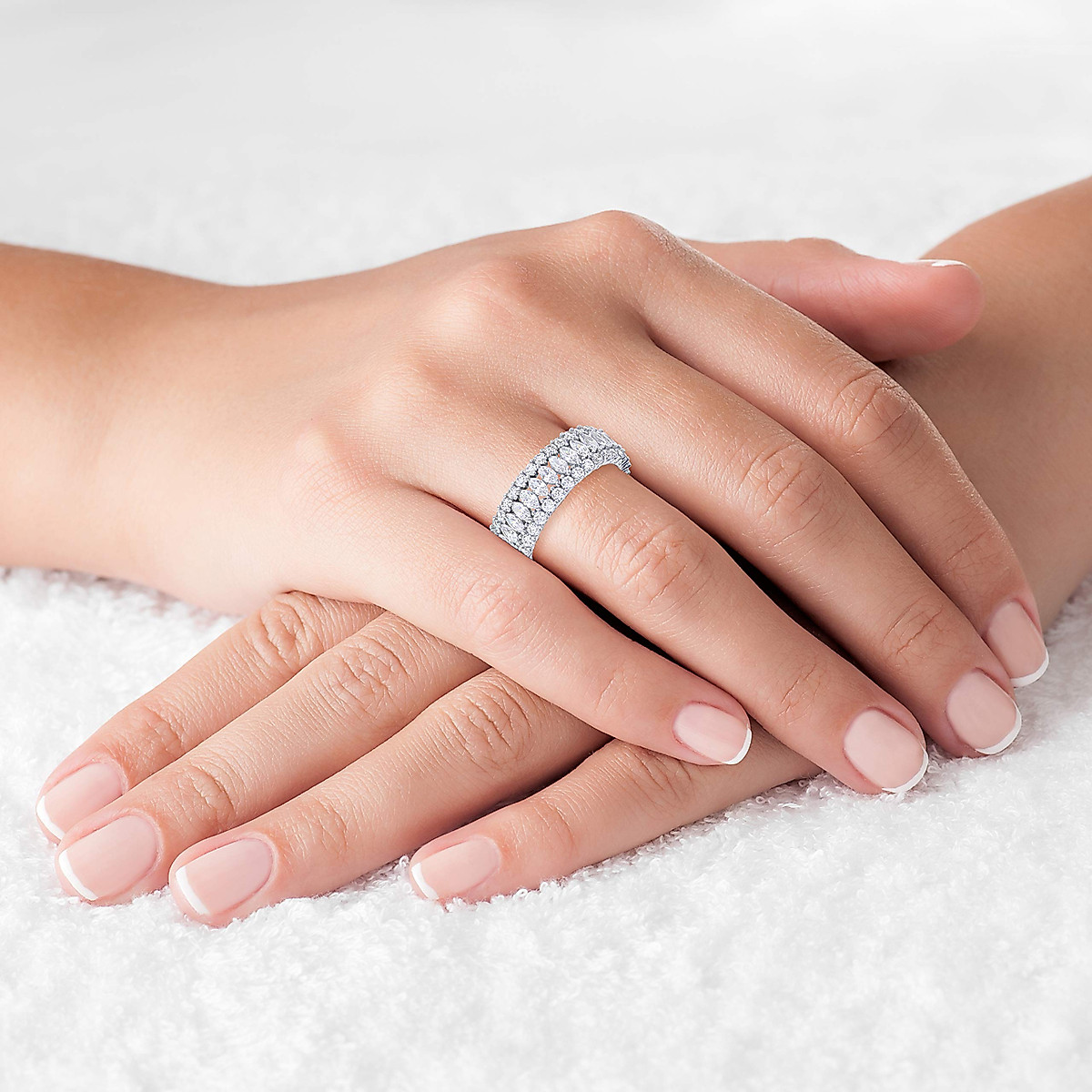 Sterling Silver Cubic Zirconia Rhodium Marquise & Round Cut Triple Row Eternity Band Fashion Ring