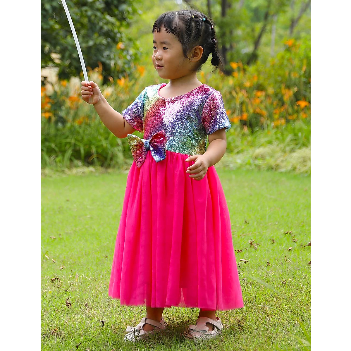 Cilucu Flower Girls Dresses Toddlers Sequin Tutu Dress for Big Girls Pegeant Party Kids Birthday Dress for Wedding Princess Dress Christmas Halloween Dress Rainbow Hot Pink 7-8 Years Old