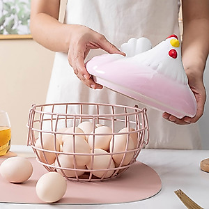 Egg Basket Chicken Decor Mesh Wire Egg Storage Basket with Ceramic Chicken Lid, Farmhouse Egg Holder for Refrigerator Egg Baskets for Fresh Eggs Pink