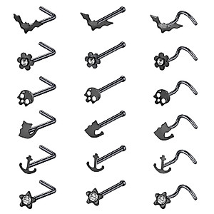 ZS 20G Corkscrew Nose Rings Surgical Steel L-Shaped Nose Studs Bat Skull Nose Bone Stud Nose Piercing Jewelry for Women (18pcs Black)