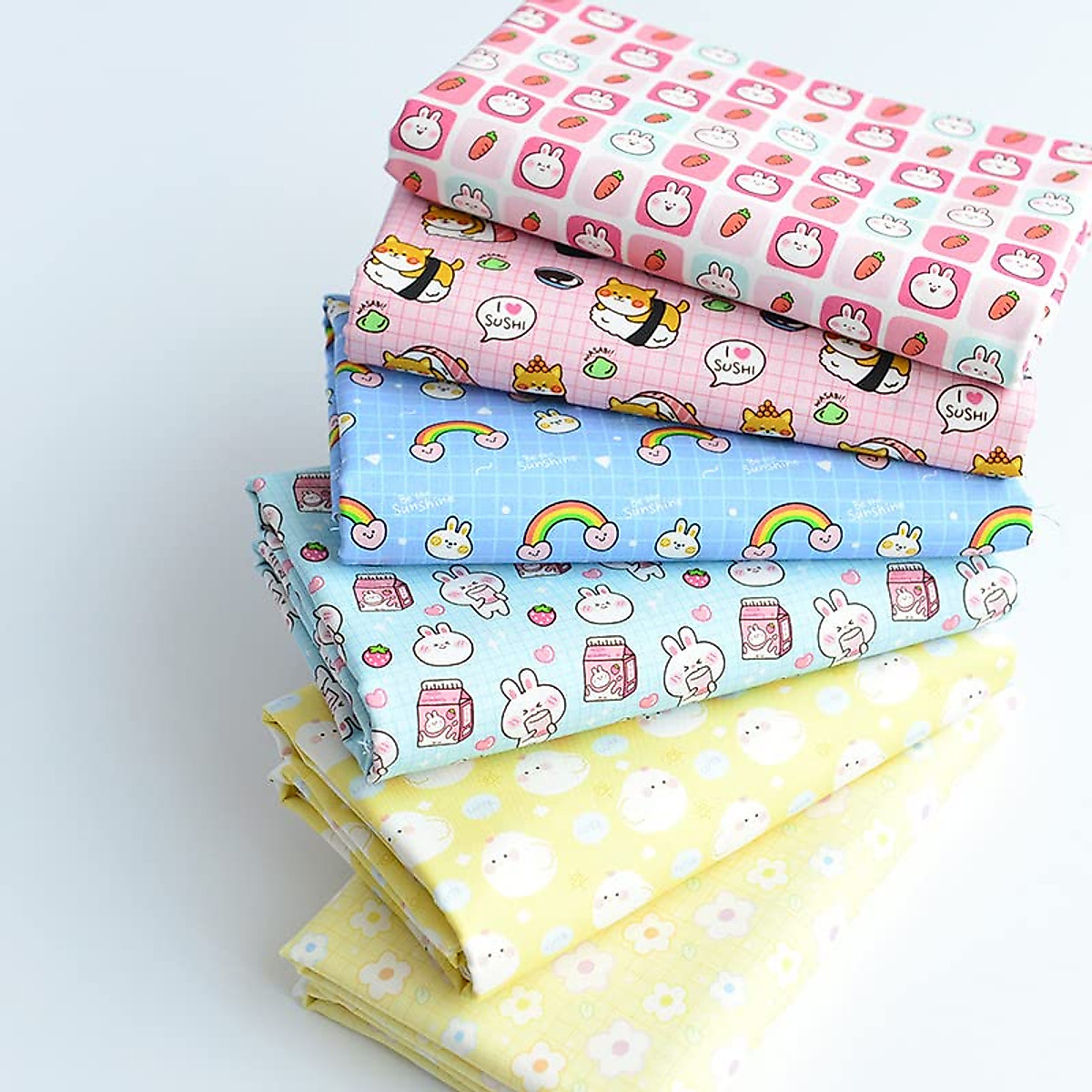 TINGCHAO Pure Cotton Fabric Simple Cartoon Cute Little Animal Rabbit Shiba Inu Sushi Drink Pattern Handmade Crafts Cloth for Sewing Girl Shirt Headband 130X50cm,A