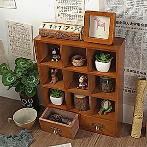 Gdrasuya10 Wooden Floating Shelves, Rustic Shadow Box Display Shelf with 9-Slot Retro Display Storage Rack Shelf with 2 Drawers for Kitchen Bedroom