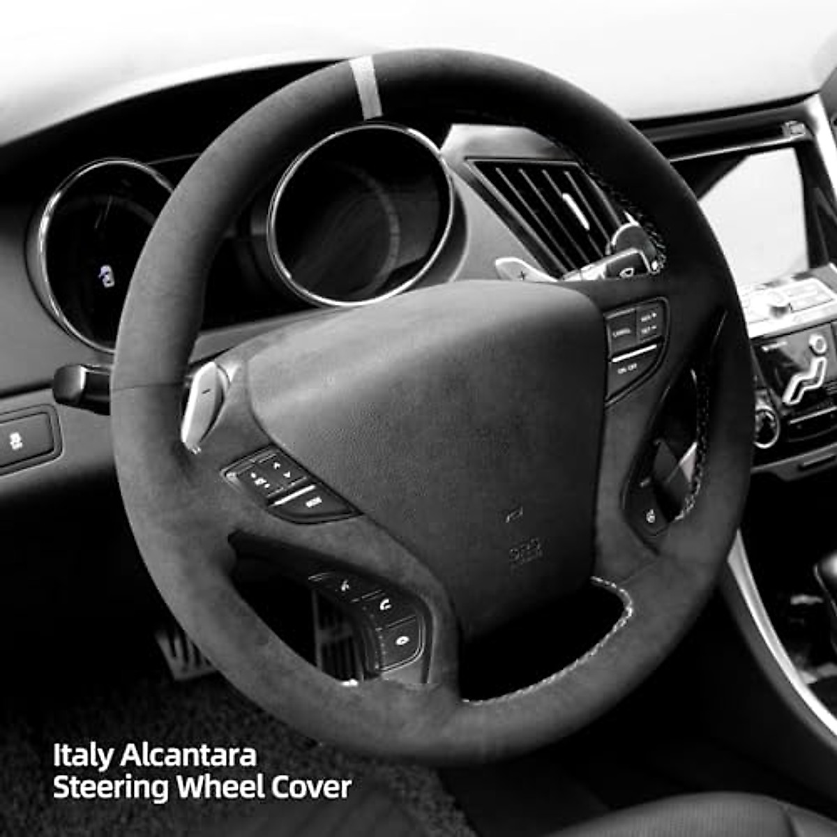Alfanxi Hand Stitch Alcantara Steering Wheel Cover Compatible with Hyundai Elantra 3 Elantra Sport Elantra GT 2013-2017(White Stripe)